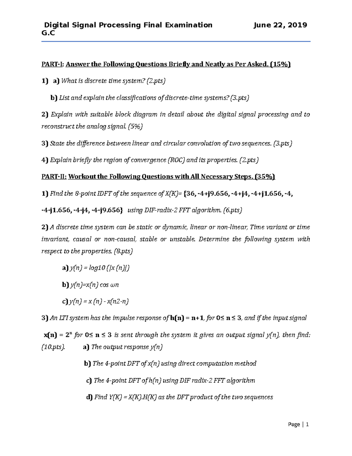 Question Bank1 - Digital Signal Processing Final Examination June 22 ...