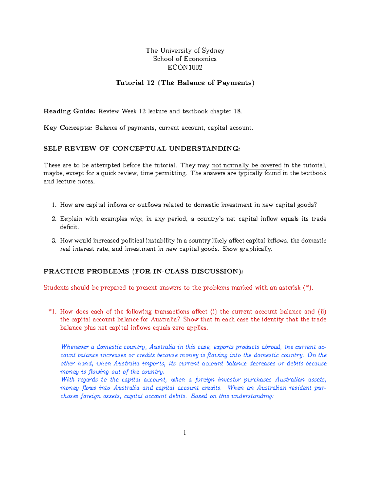 Tutorial Week 12 - The University of Sydney School of Economics ECON Tutorial 12 (The Balance of ...