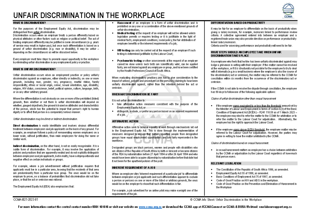 Unfair Discrimination in the Workplace info sheet 2023 01 - UNFAIR ...