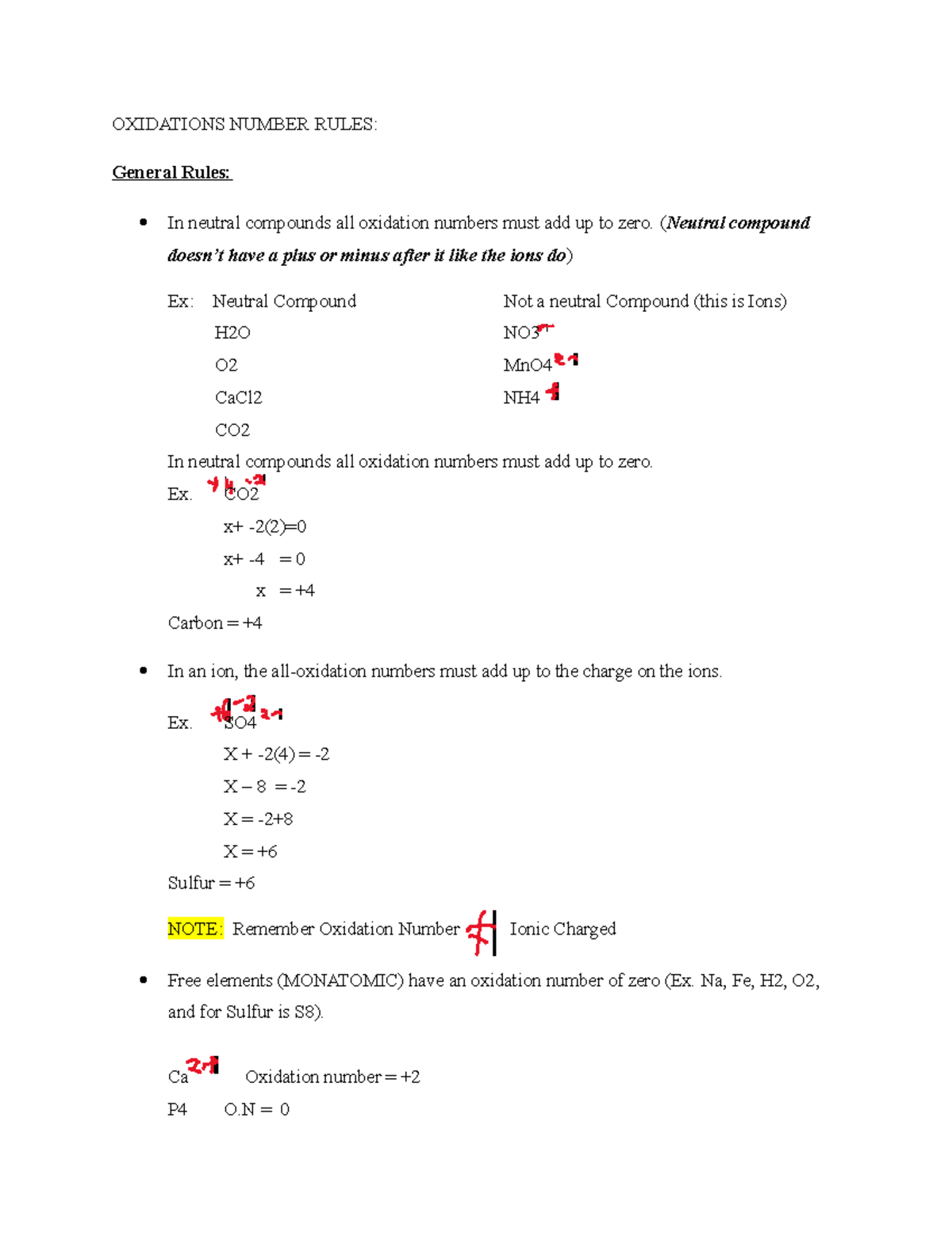 Oxidations Number Rules - OXIDATIONS NUMBER RULES: General Rules: In ...