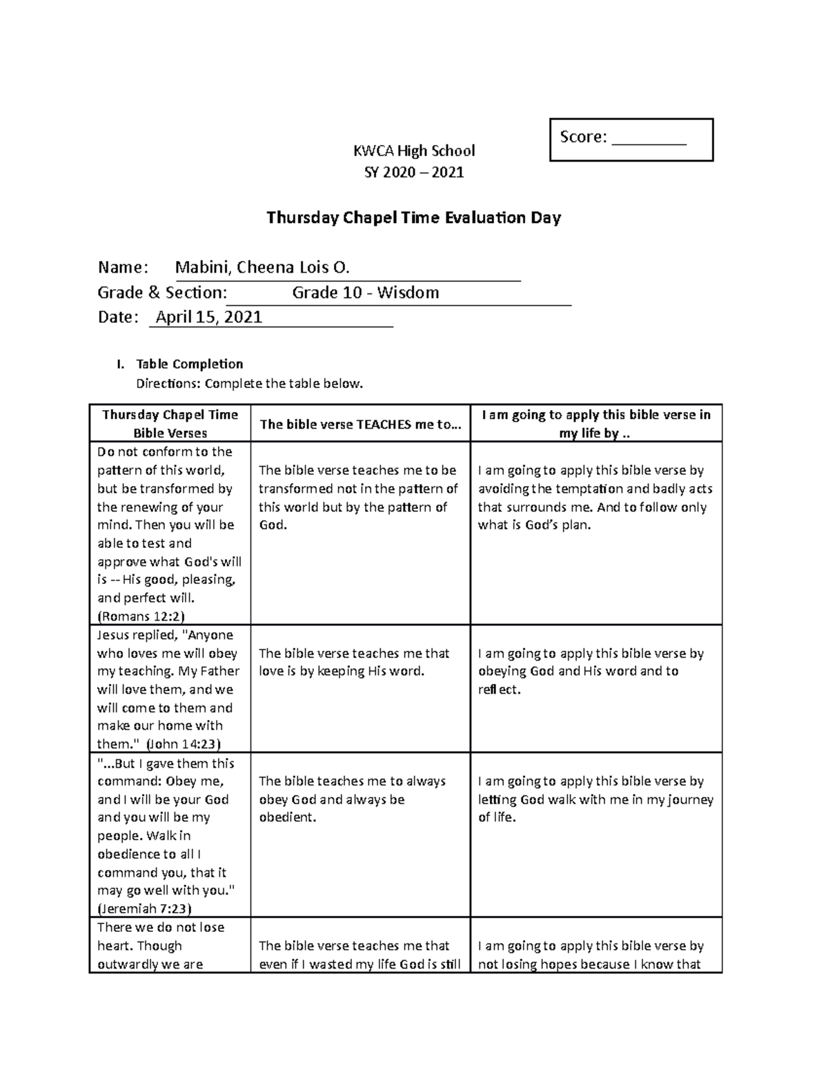 Thursday Chapel Time Evaluation Day - KWCA High School SY 2020 – 2021 ...