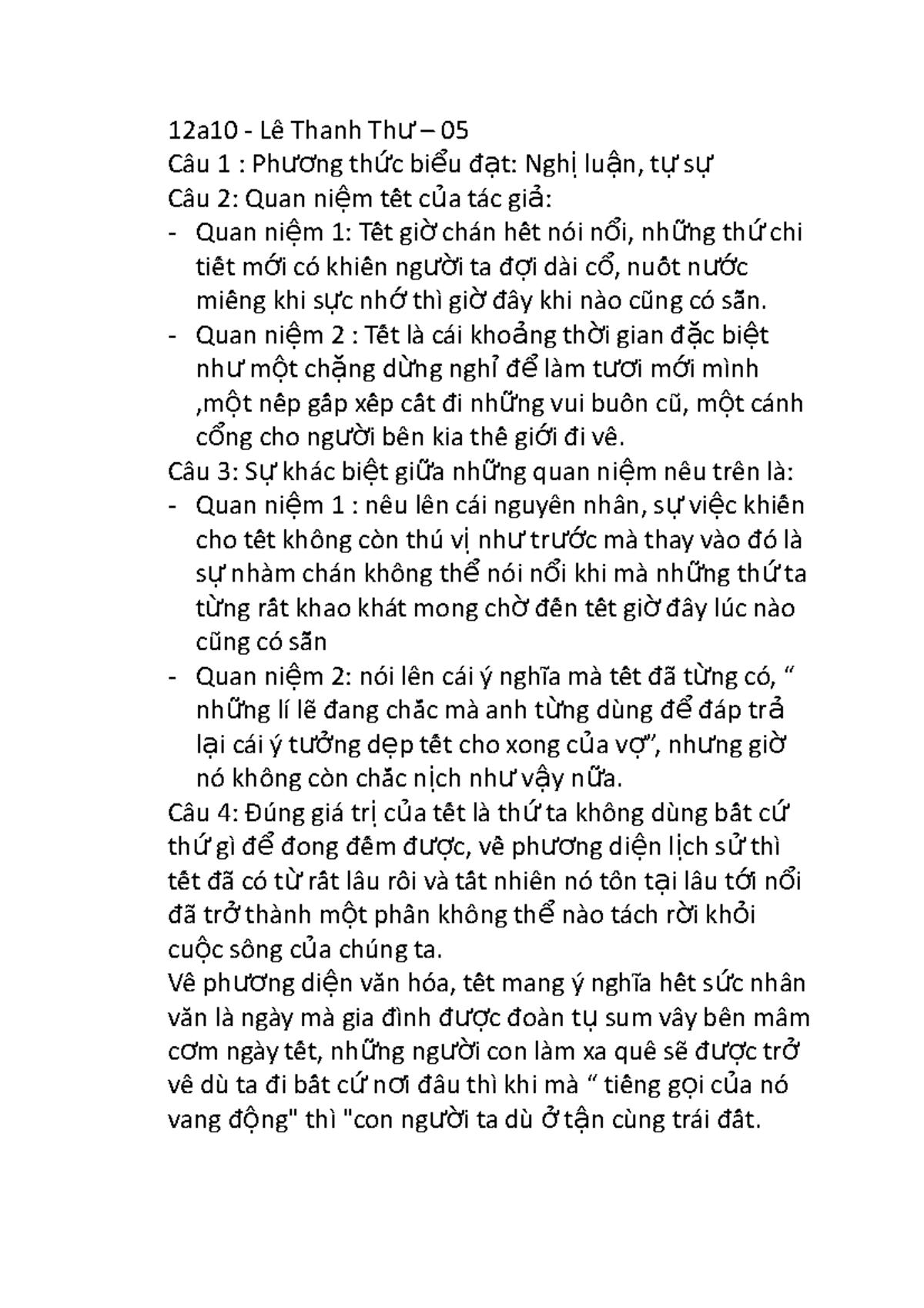 12a10-Lê Thanh Thư-05 tờ - 12a10 - Lê Thanh Th ư– 05 Câu 1 : Ph ương th ức bi ểu đ ạt: Ngh lu ị ...