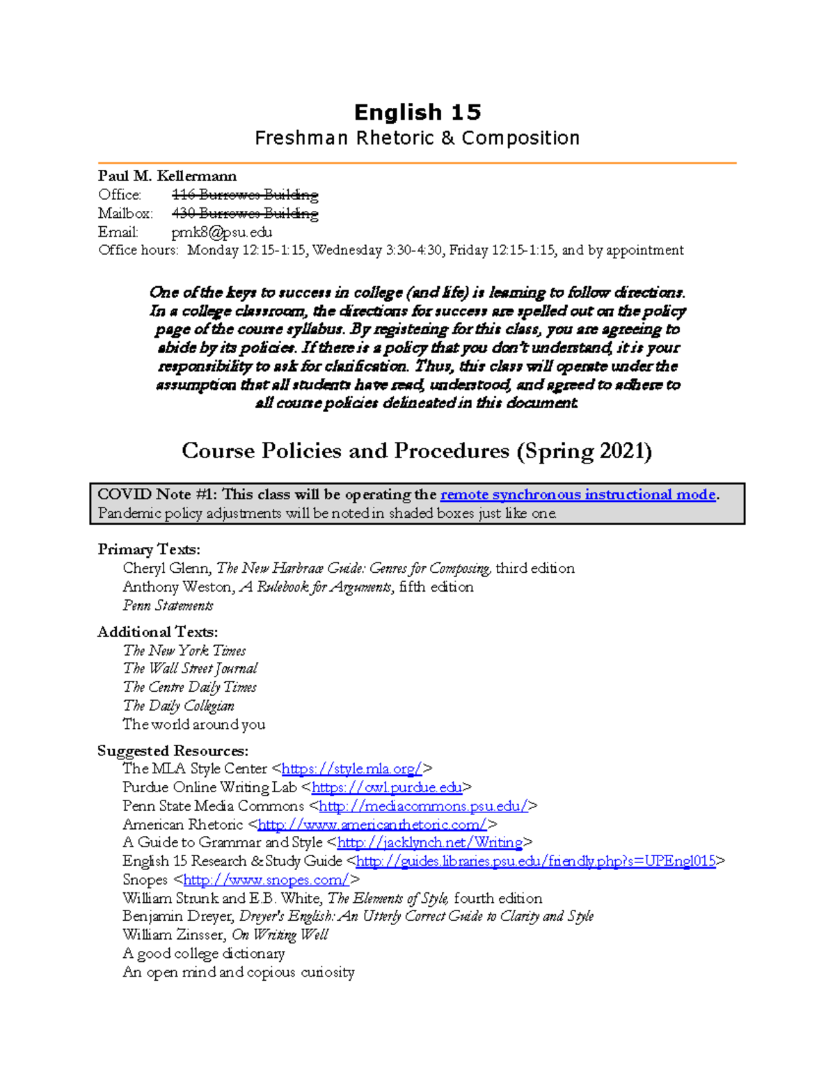 English 15 Syllabus - English 15 Freshman Rhetoric & Composition Paul M ...