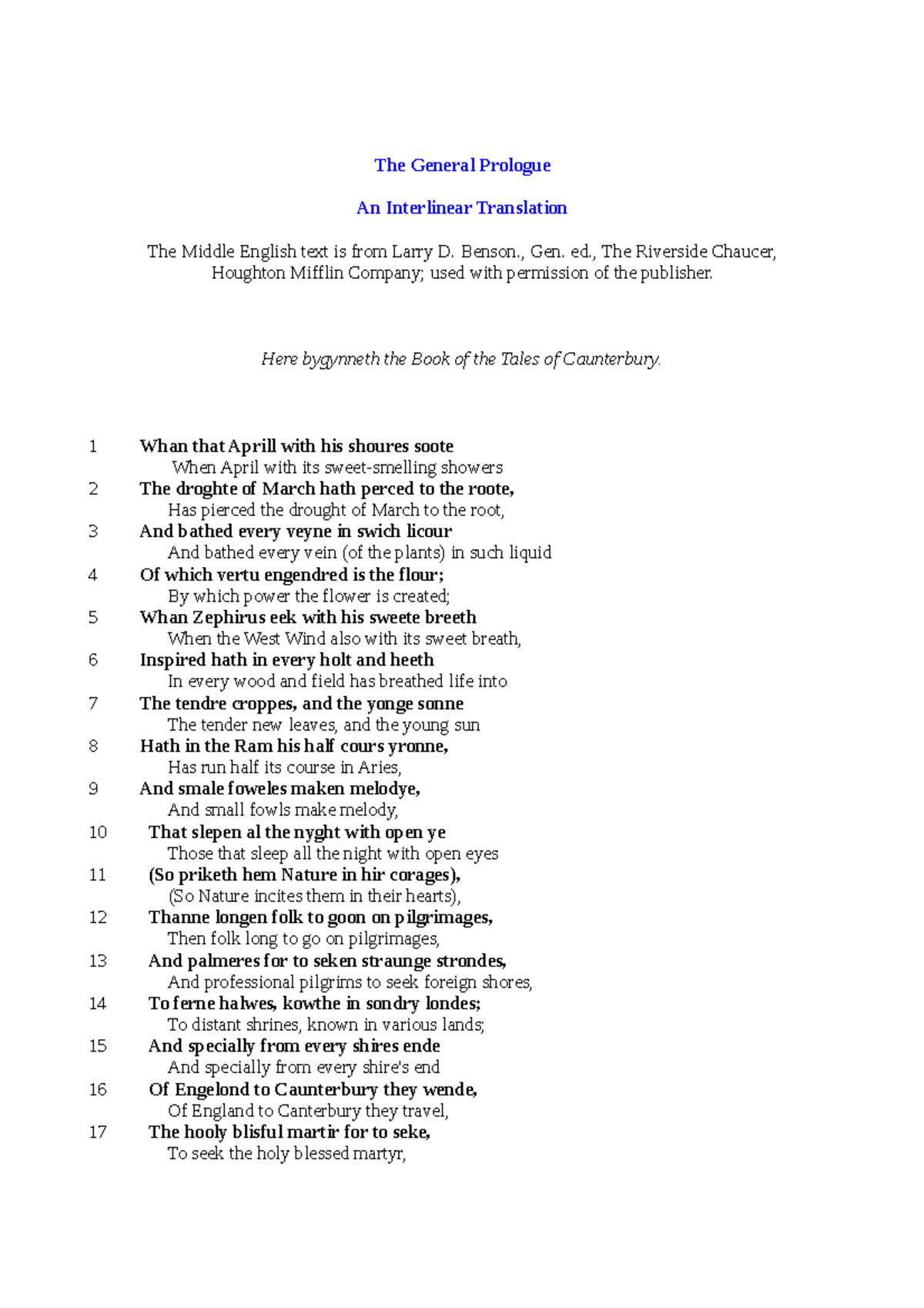 Chaucer 2 General Prologue - The General Prologue An Interlinear ...