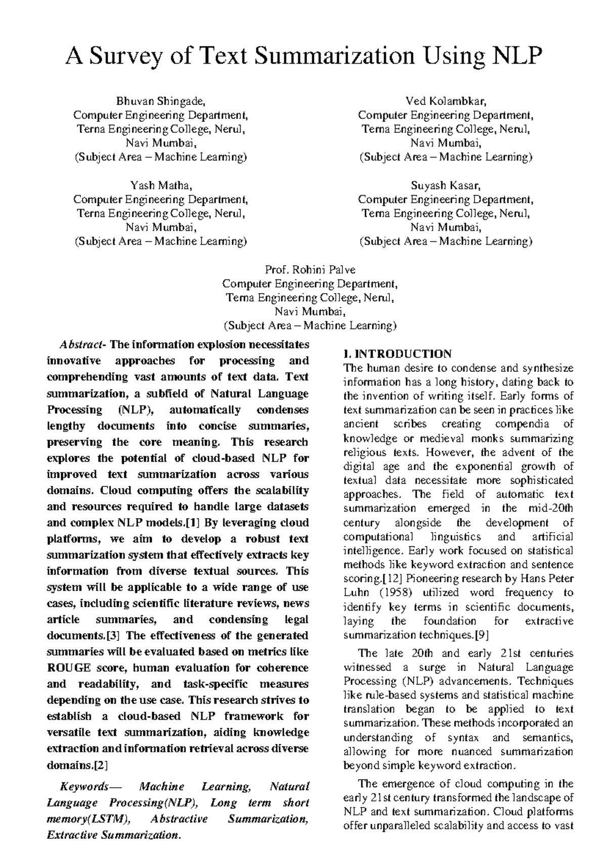 A Survey of Text Summarization Using NLP - Rohini Palve Computer Engineering Department, Terna ...