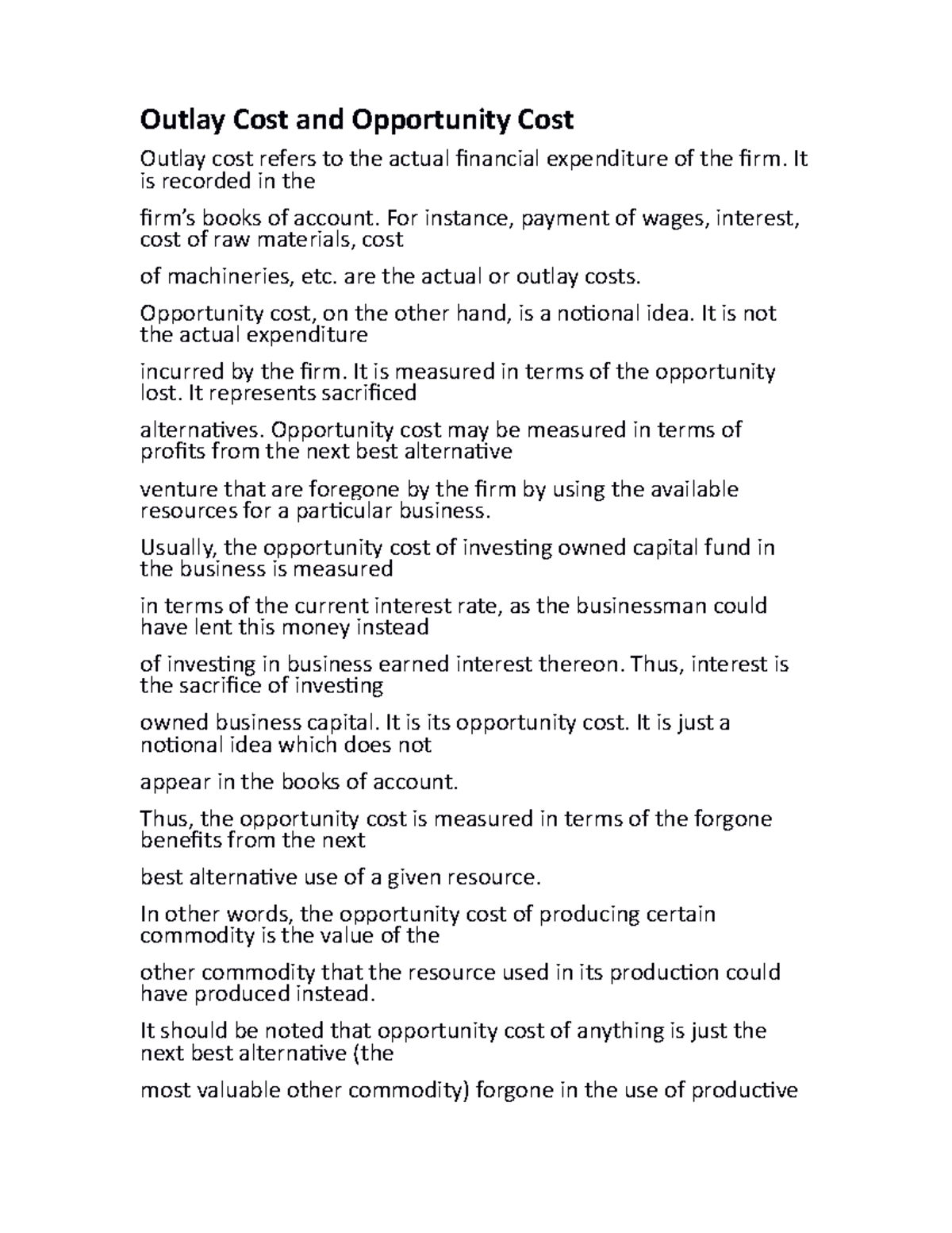 Outlay Cost and Opportunity Cost notes - Outlay Cost and Opportunity ...