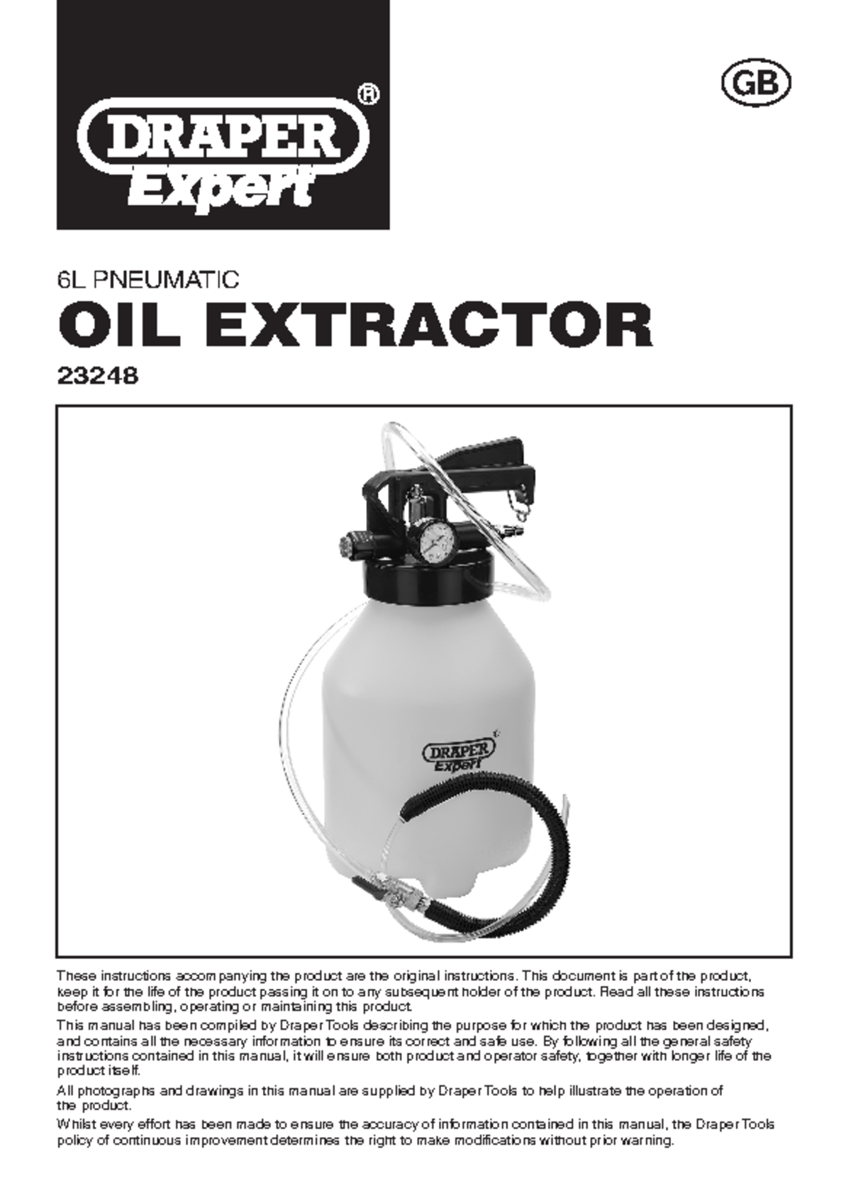 Manual - Draper 23248 - 6L PNEUMATIC OIL EXTRACTOR 23248 ####### These ...