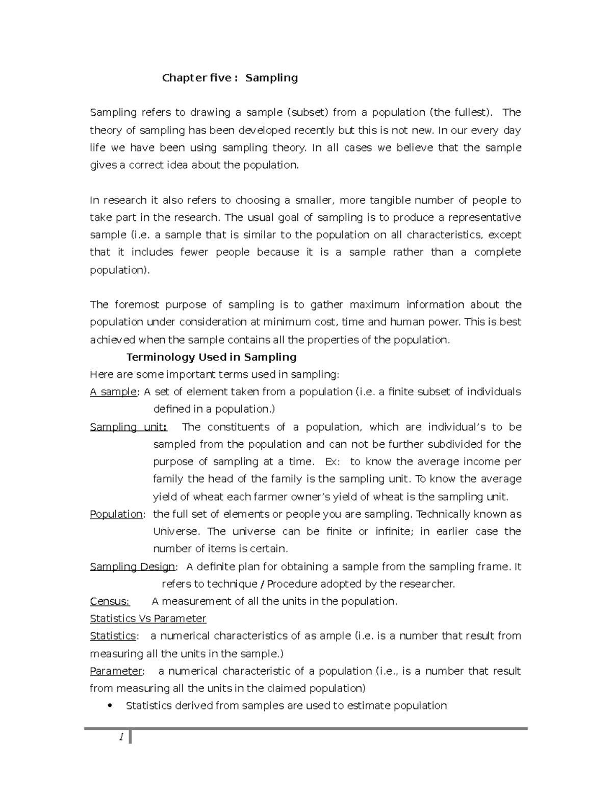 Research Chapter 5 - important - Chapter five : Sampling Sampling ...