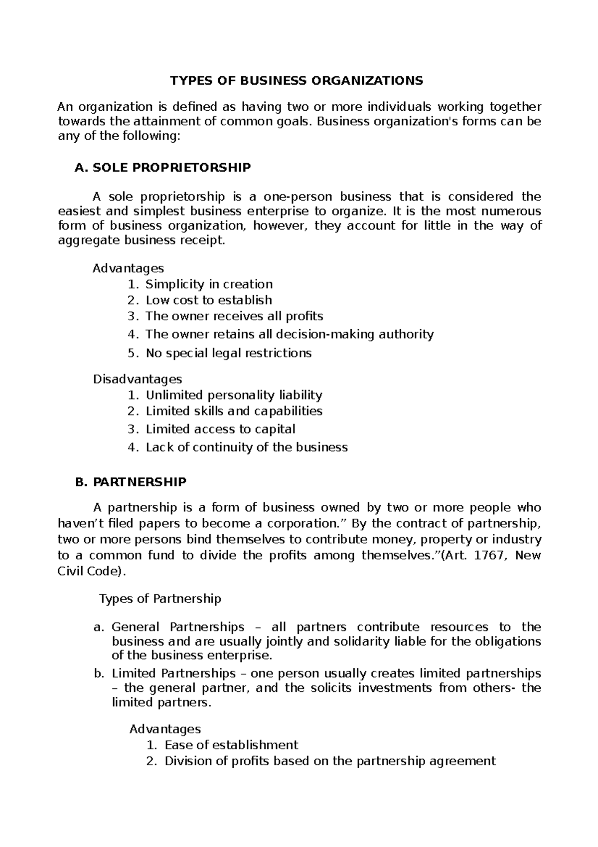 Microeconomics - Types of Business Organization Lecture Notes - TYPES ...
