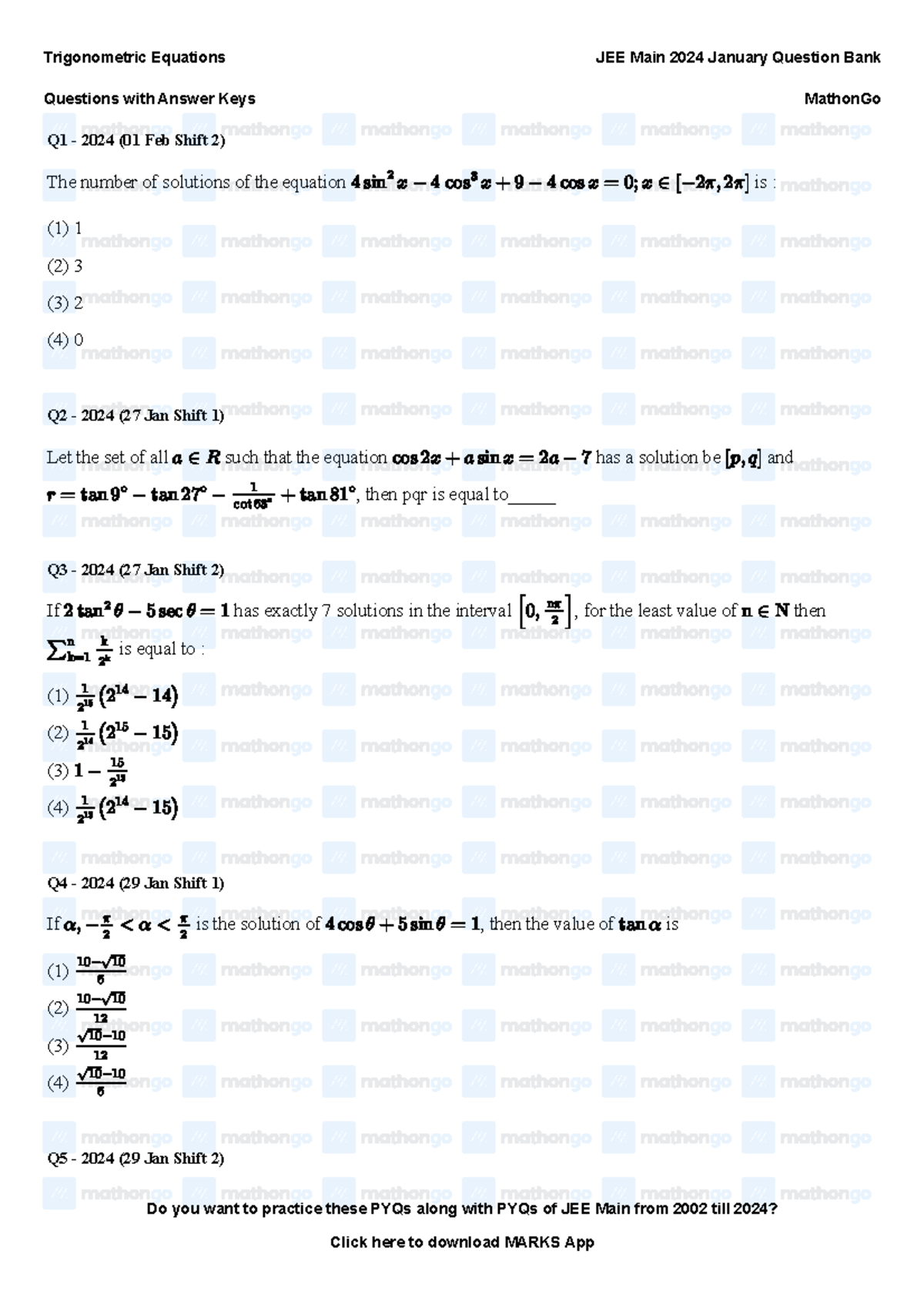 Trigonometric Equations - JEE Main 2024 January Question Bank - Mathon ...
