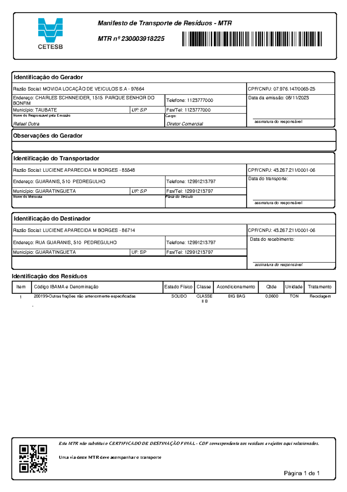 Manifesto - 2023-11-08T102320 - MTR nº 230003918225 Manifesto de Transporte de Resíduos - MTR ...