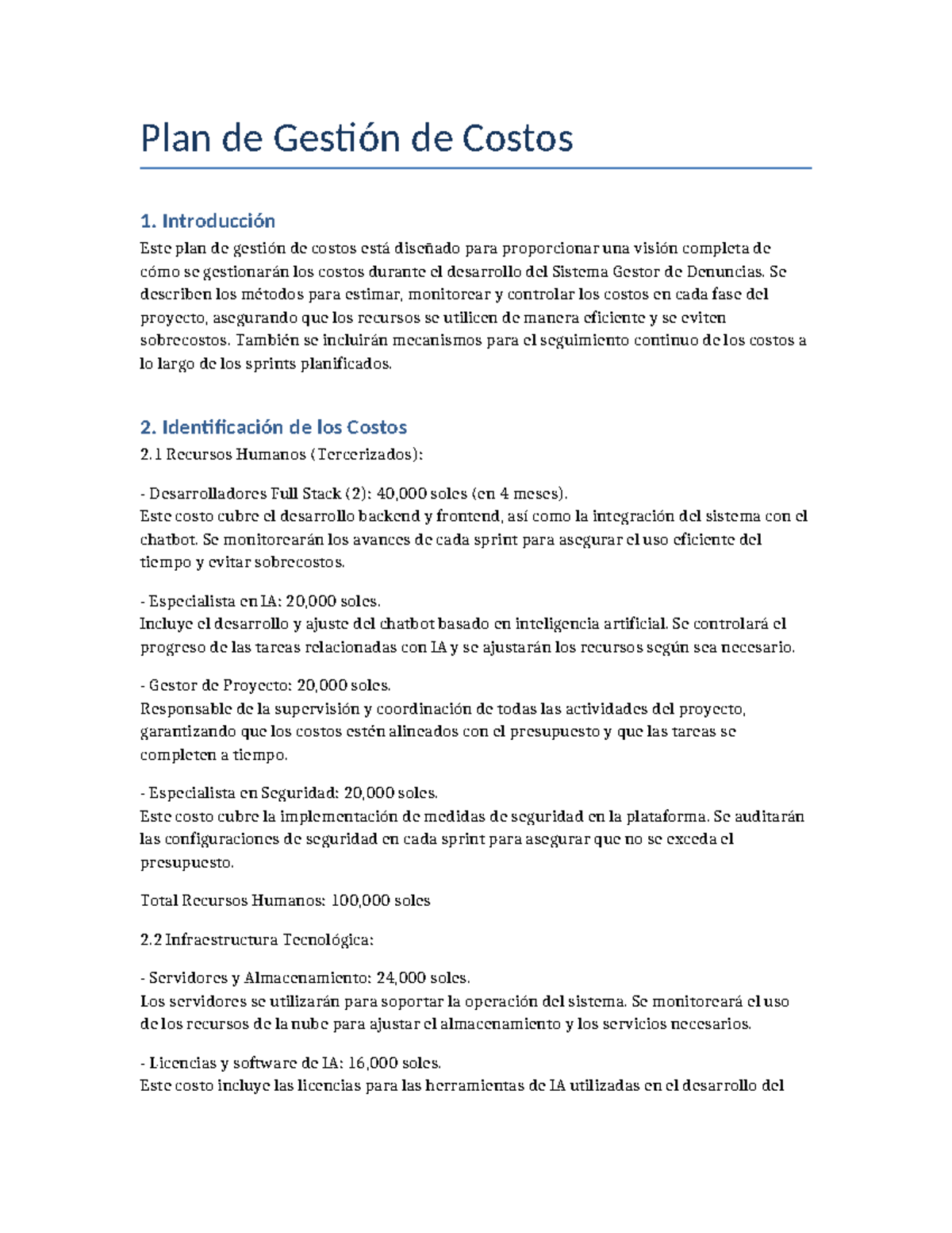 Plan de Gestion de Costos Detallado - Plan de Gestión de Costos 1 ...