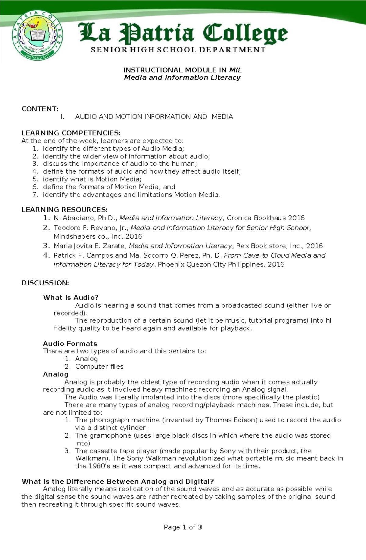 MIL Modules FOR Fourth Quarter 1 - INSTRUCTIONAL MODULE IN MIL Media and Information Literacy ...