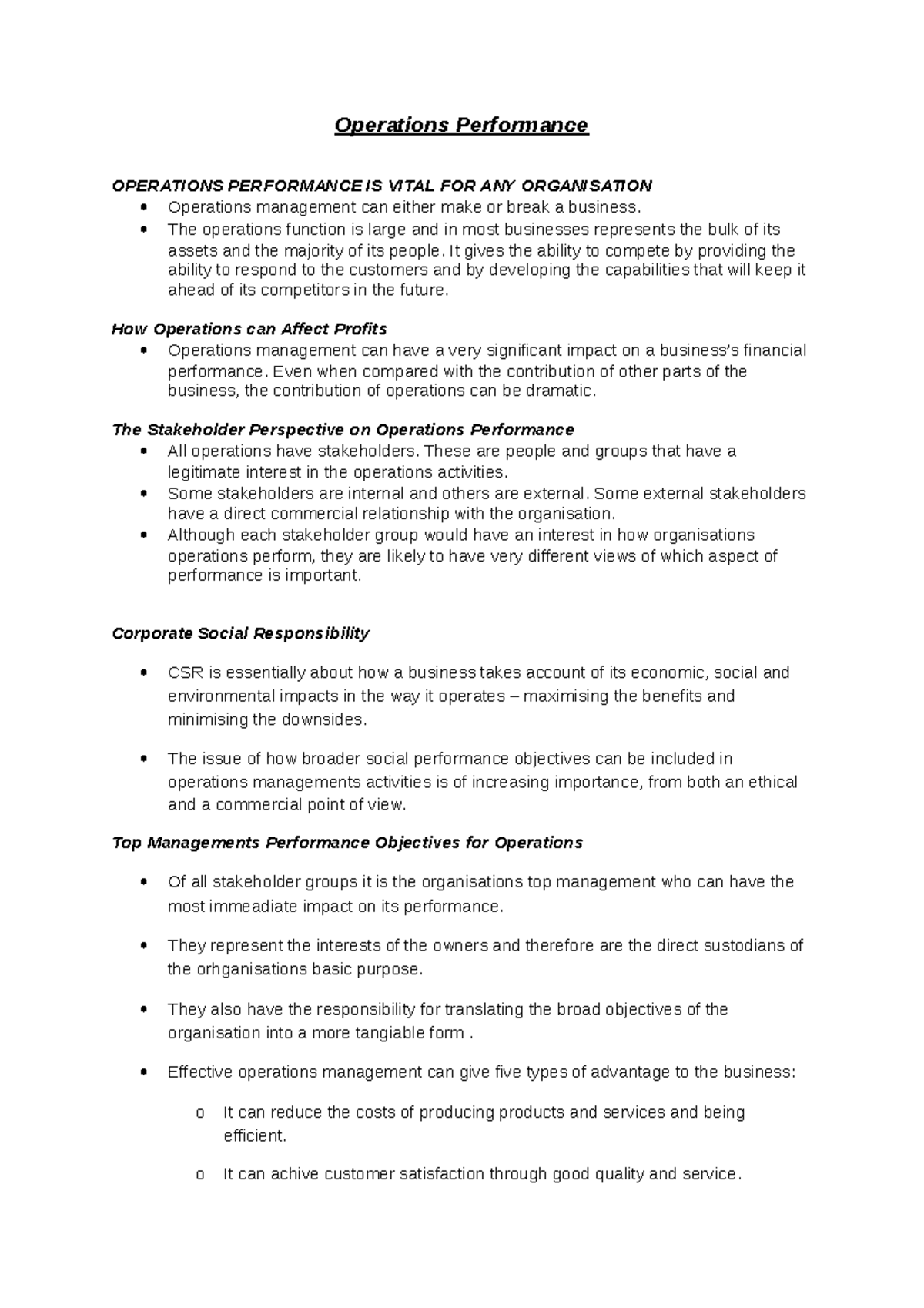 Operations Management – Operations Performance sample - Operations ...