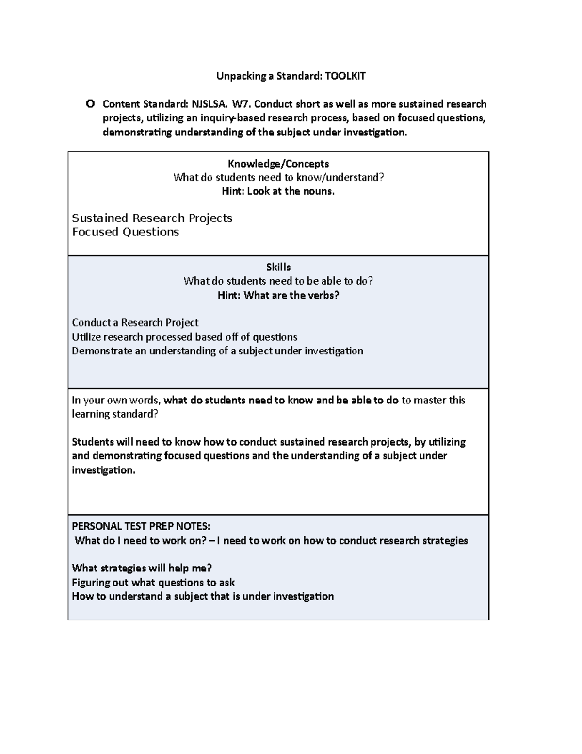 Toolkit G - Unpacking a Standard: TOOLKIT O Content Standard: NJSLSA ...