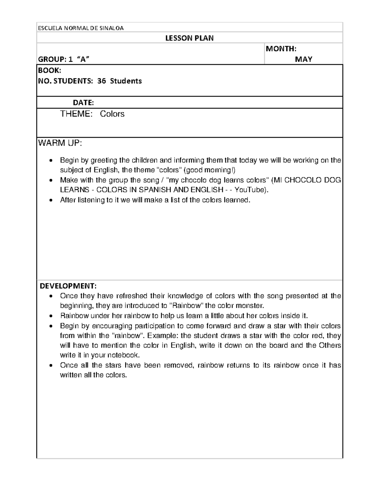 Ingles Clase - ESCUELA NORMAL DE SINALOA LESSON PLAN GROUP: 1 “A” MONTH ...