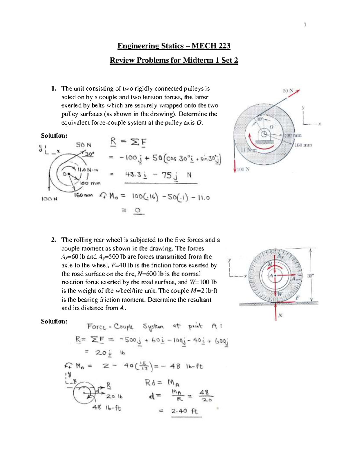 Review Problems 1 - n/a - 1 Engineering Statics – MECH 223 Review ...