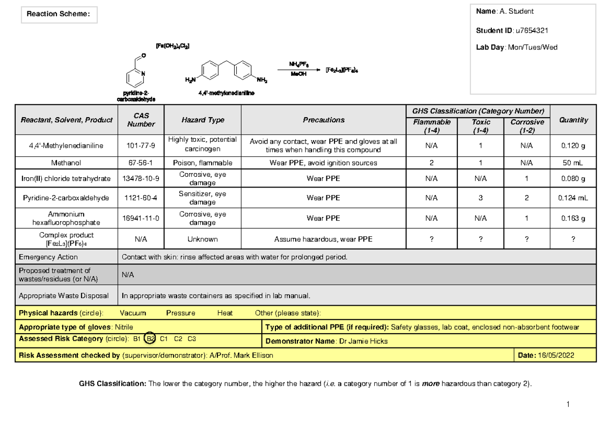 2023 CHEM2202 lab 7 Risk Assessment - 1 GHS Classification: The lower ...