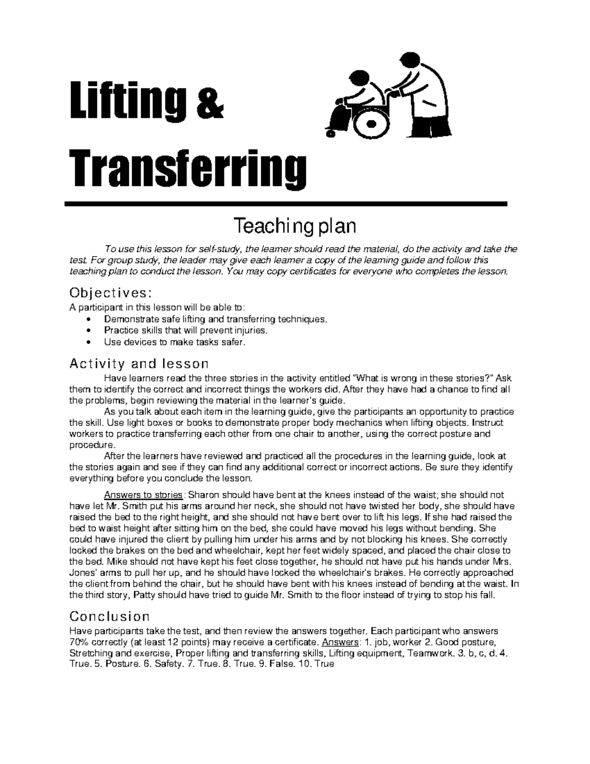 Lifting and Transferring (1) - Lifting & Transferring Teaching plan To ...