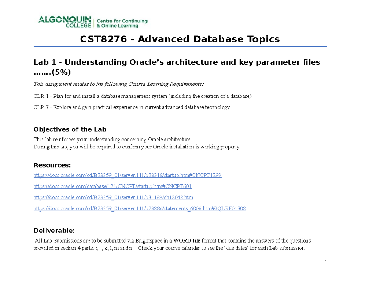CST8276 - Lab 1 - Understanding Oracle’s architecture and key parameter files - CST8276 ...