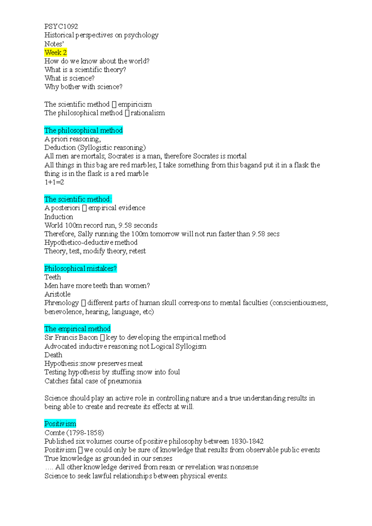 PSYC1092 notes - Historical perspectives on psychology Notes’ Week 2 ...