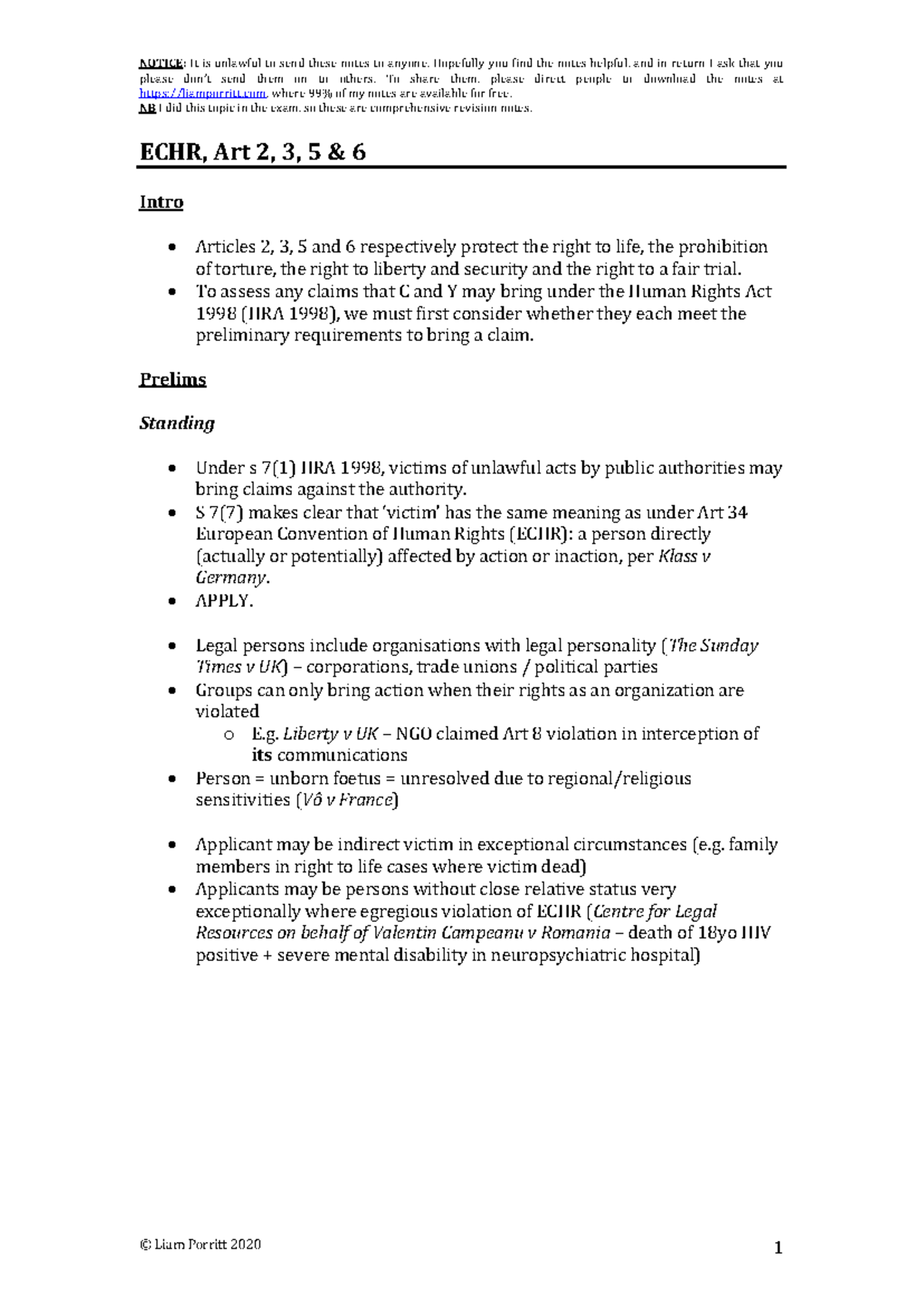 08 ECHR – Articles 2, 3, 5 & 6 (Freedom of Person) - NOTICE: It is ...