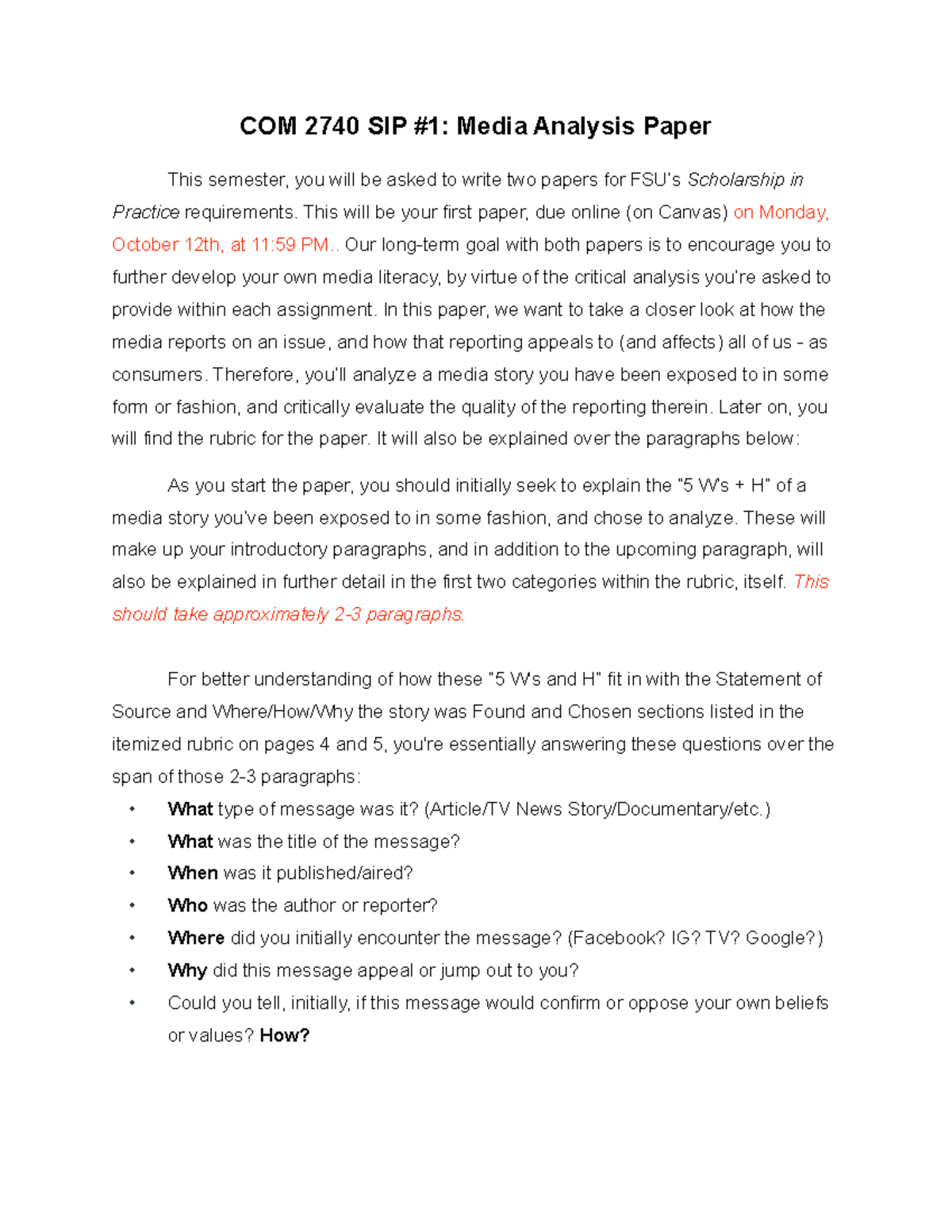 Instructions - COM 2740 SIP #1: Media Analysis Paper This semester, you ...