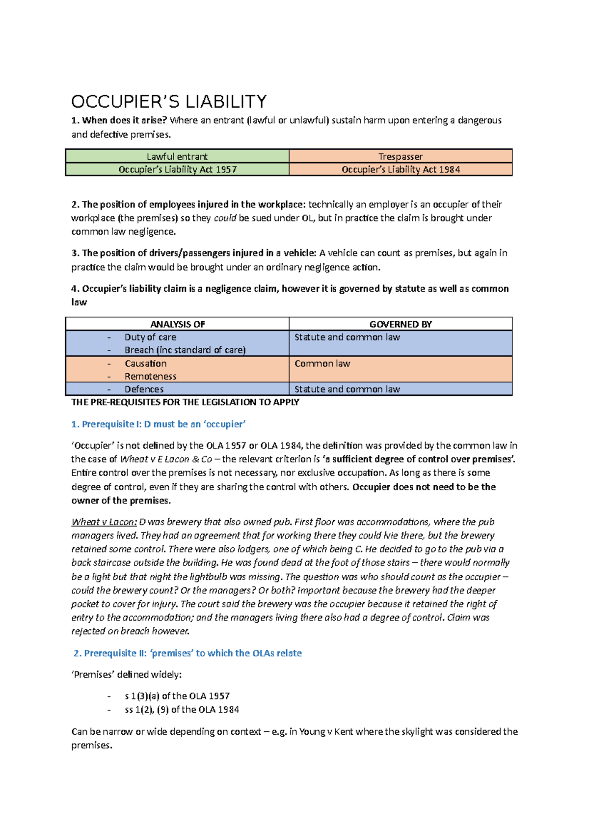 Occupiers liability - OCCUPIER’S LIABILITY 1. When does it arise? Where ...
