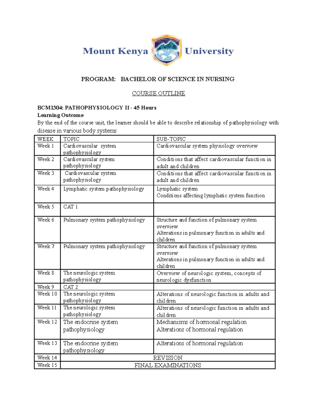 Pathophysiology II Final course outline - PROGRAM: BACHELOR OF SCIENCE ...