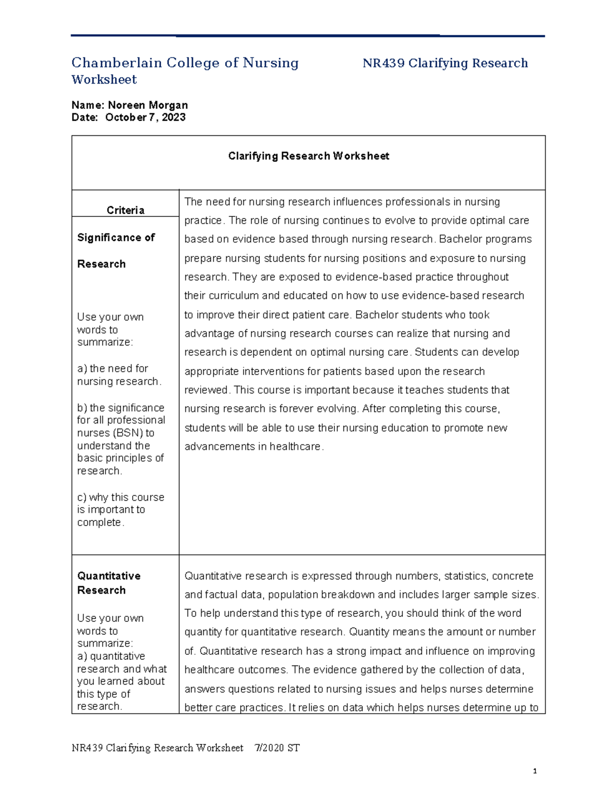 Clarifying research worksheet - Worksheet Name: Noreen Morgan Date ...