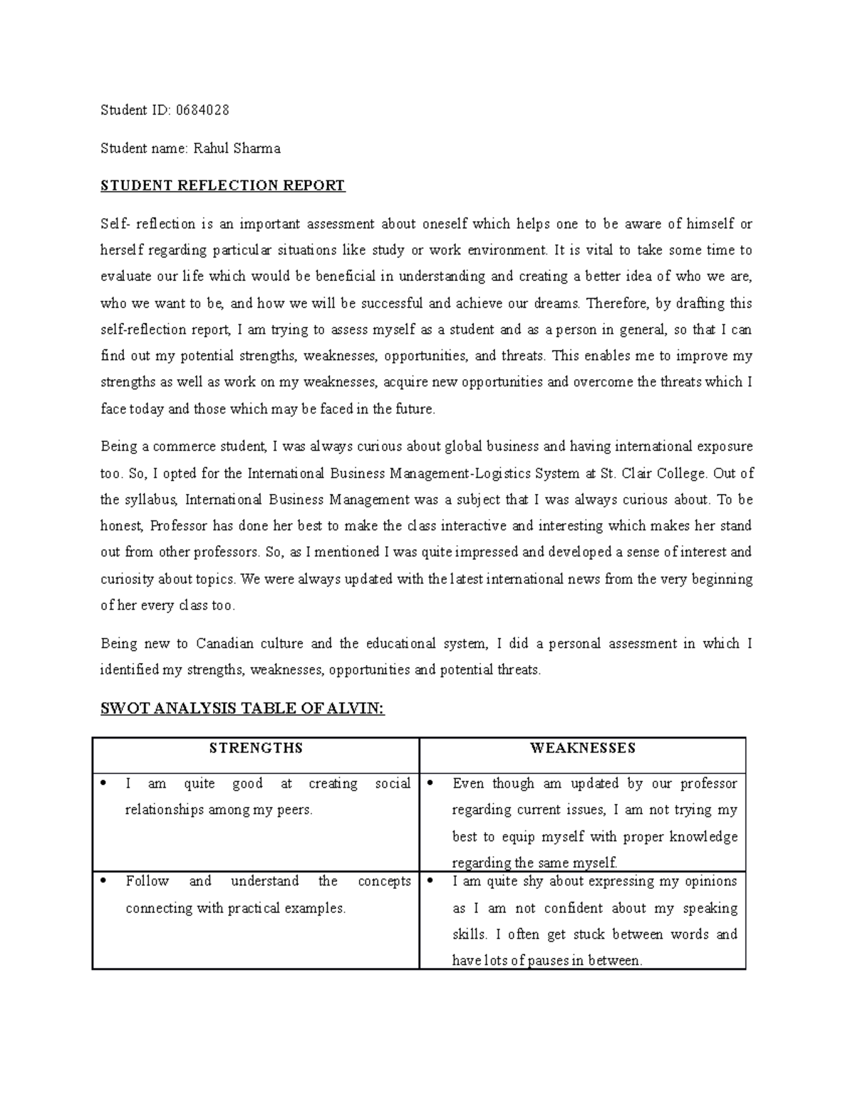 Student Reflection Report - Student ID: 0684028 Student name: Rahul ...