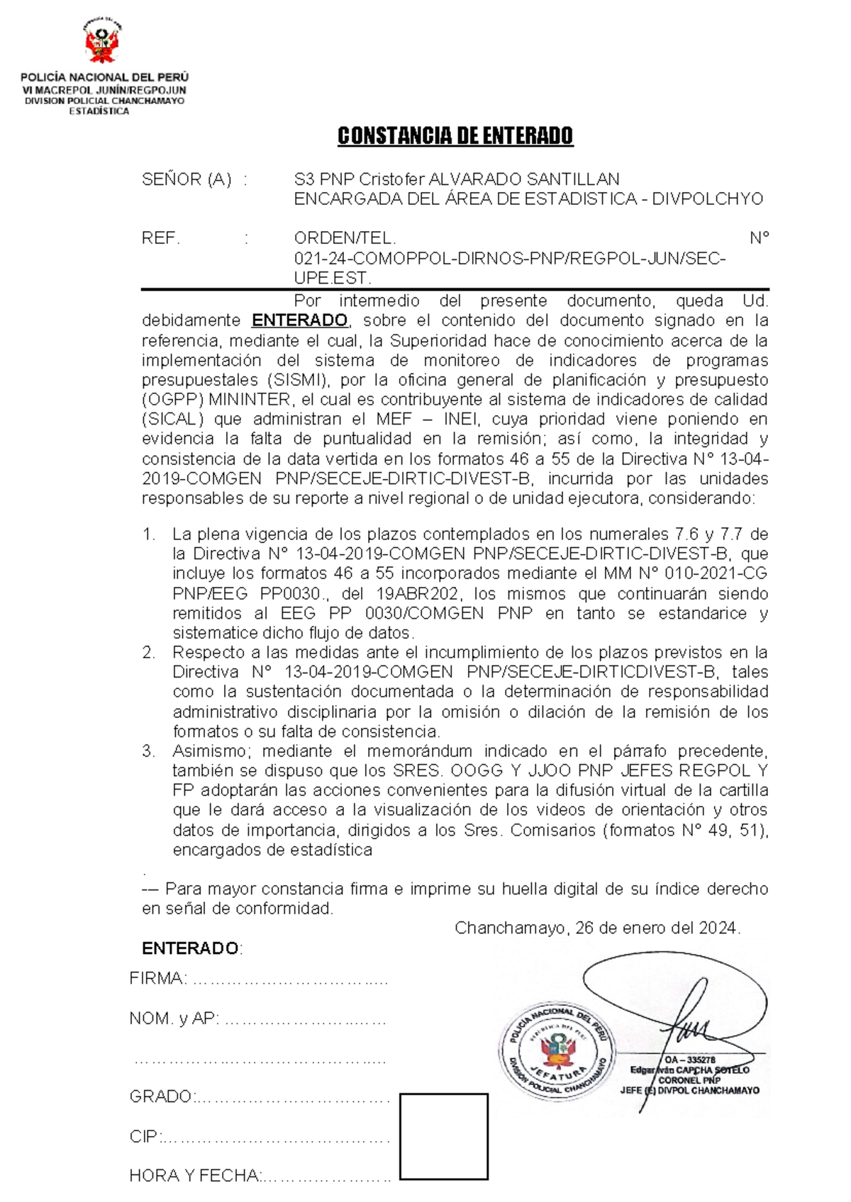Constancia DE Enterado - CONSTANCIA DE ENTERADO SEÑOR (A) : S3 PNP ...