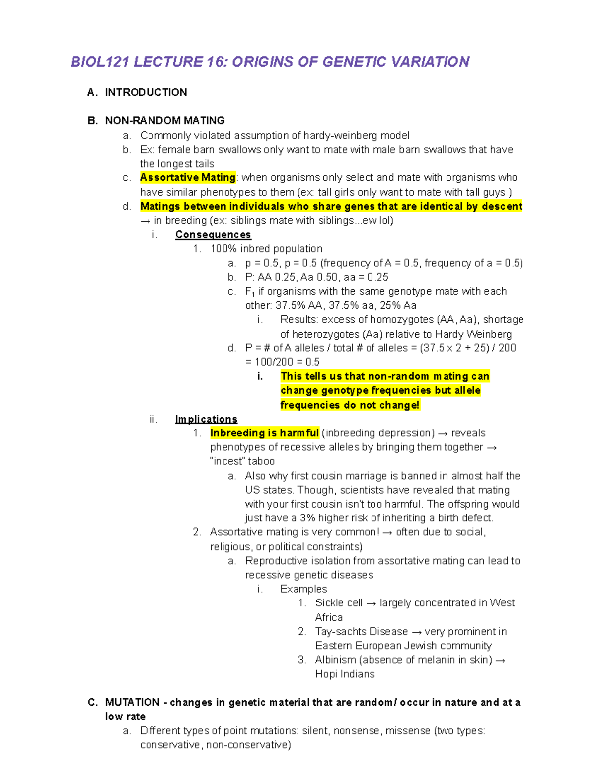 BIOL121 Lecture 16 Notes - Origins of Genetic Variation - BIOL121 ...