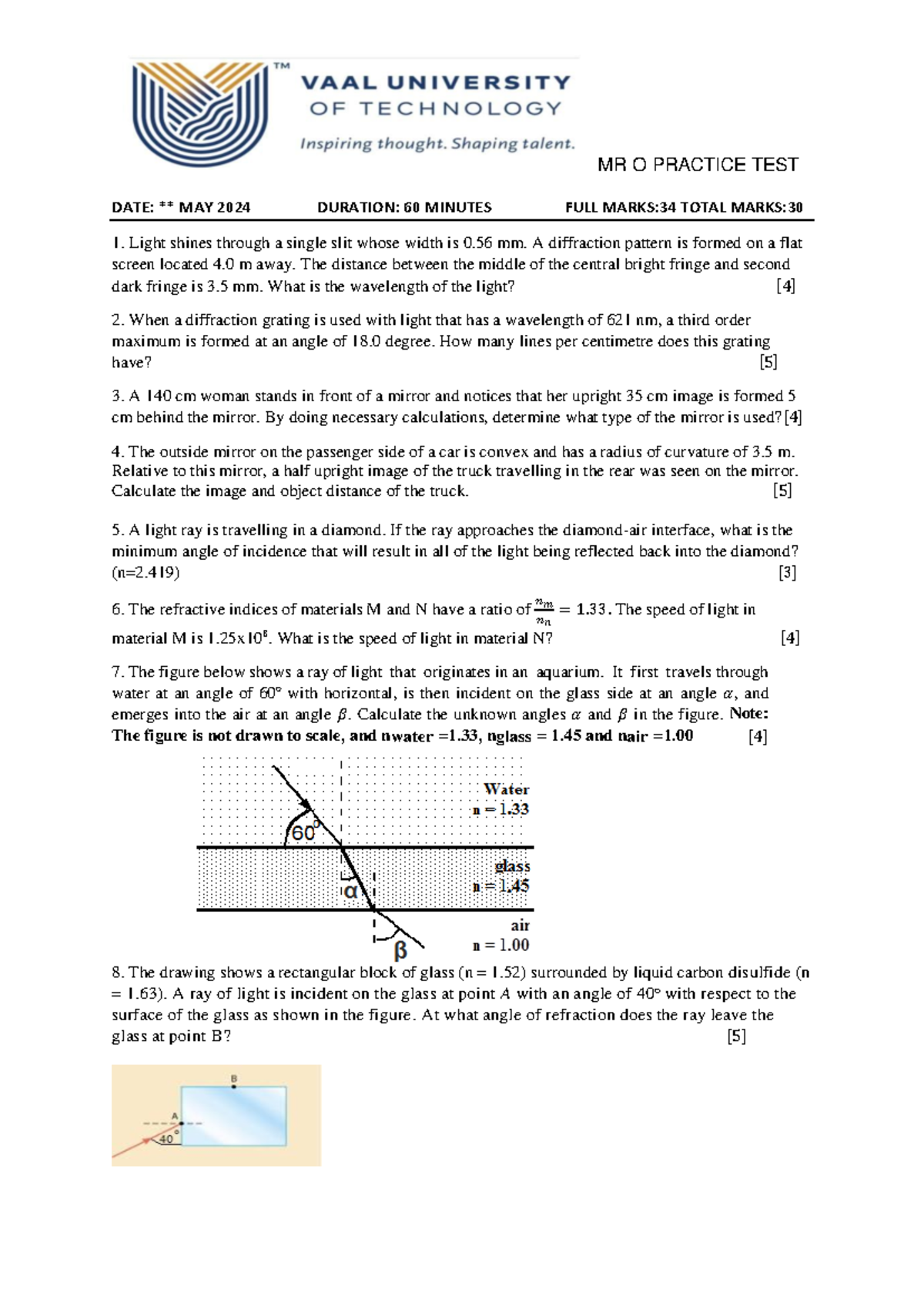 MR O. Physics 1 Practice TEST - MR O PRACTICE TEST DATE: ** MAY 2024 ...