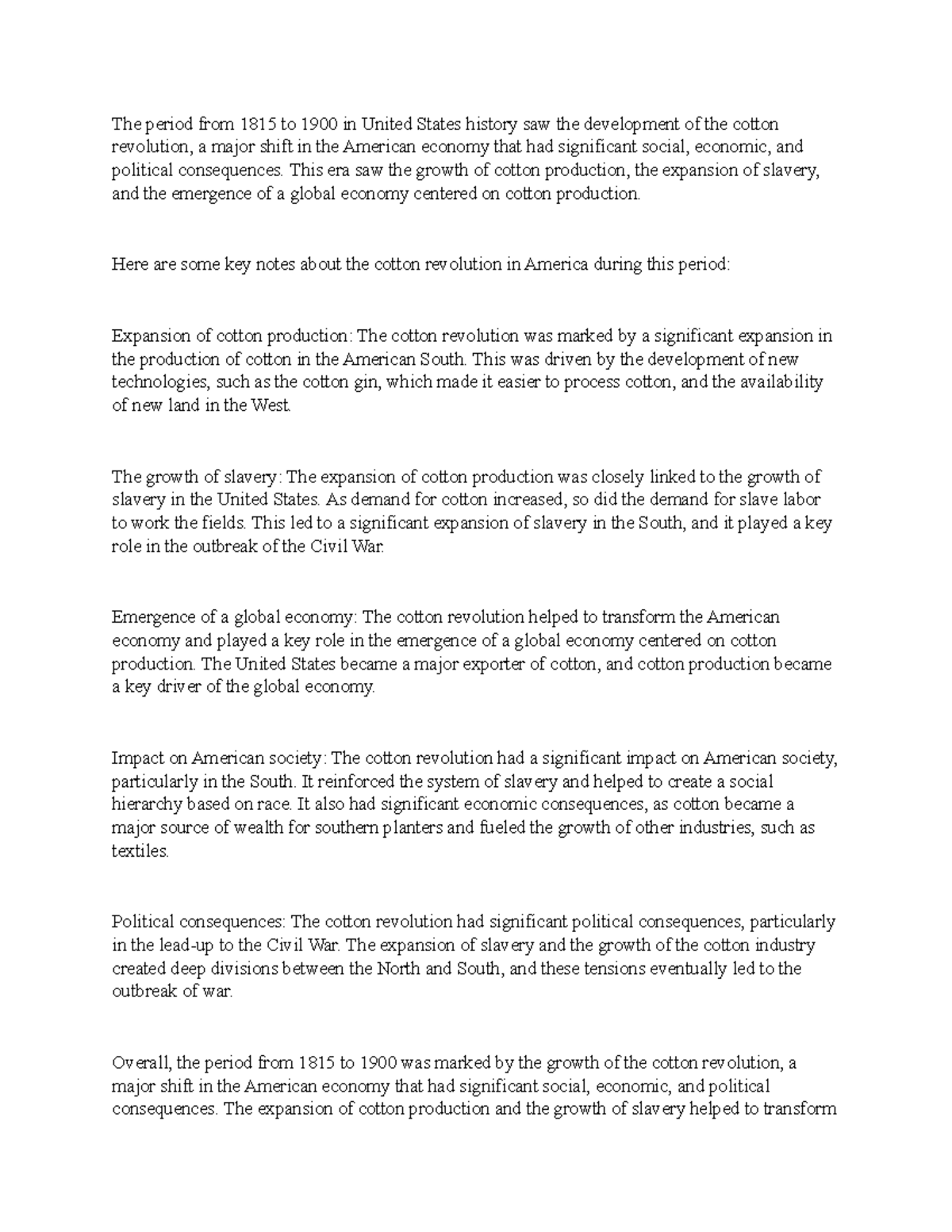H4 - Notes about The Cotton Revolution in America United States History ...