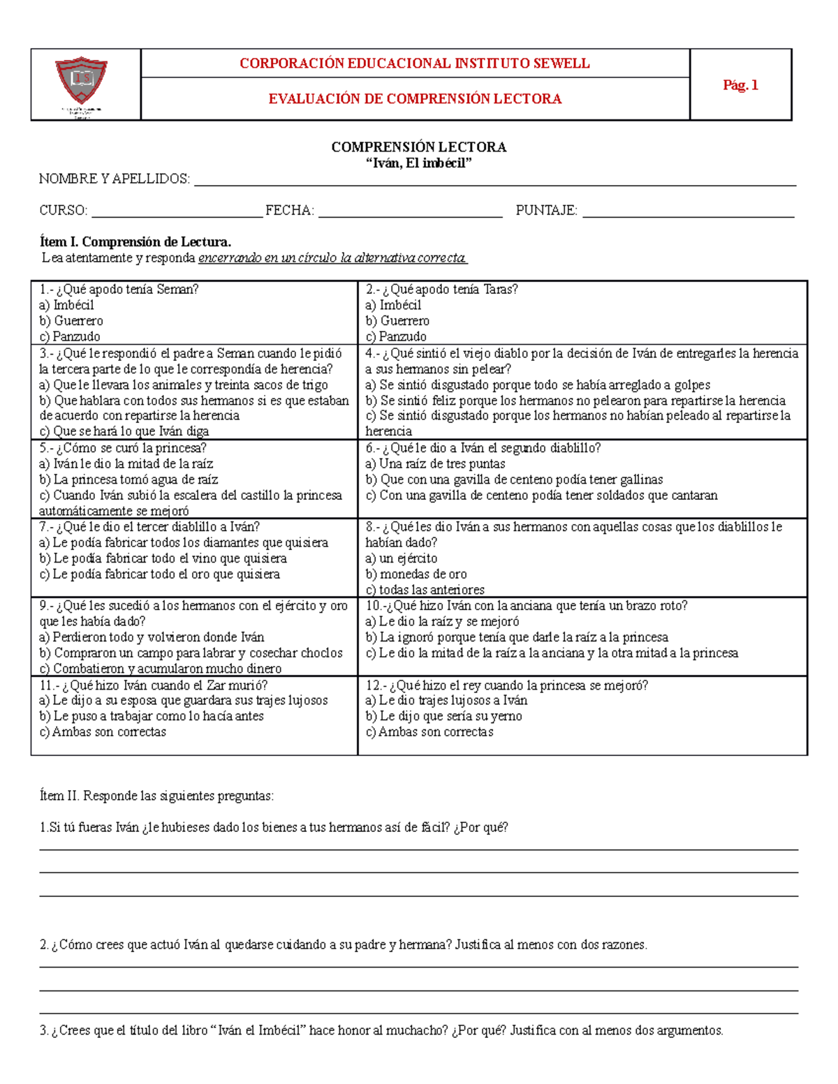 Comprensión Lectora DE 6TO Basico - CORPORACIÓN EDUCACIONAL INSTITUTO ...