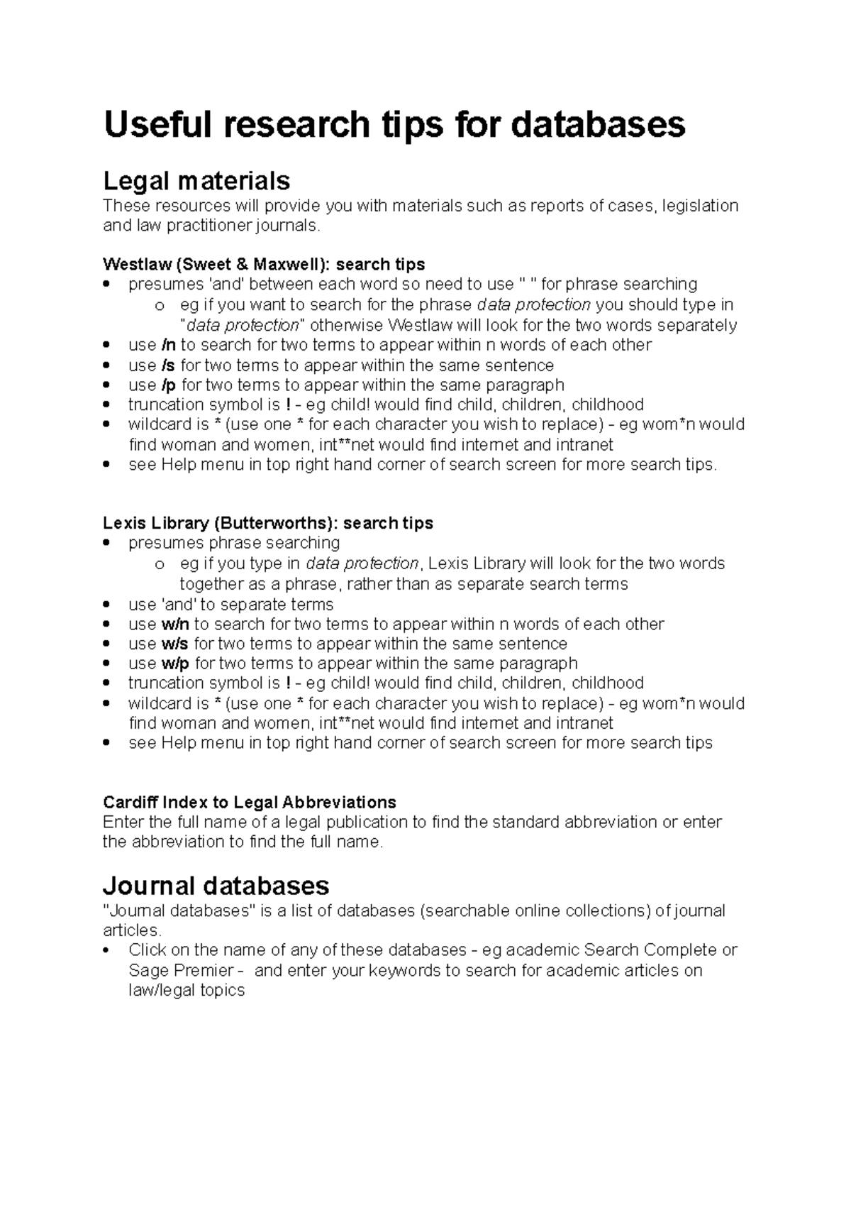 Useful research tips for databases - LAW6TLP - LSBU - Studocu