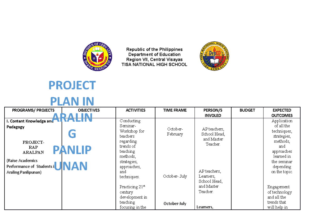 Project plan aral pan - Enjoy! - Republic of the Philippines Department ...