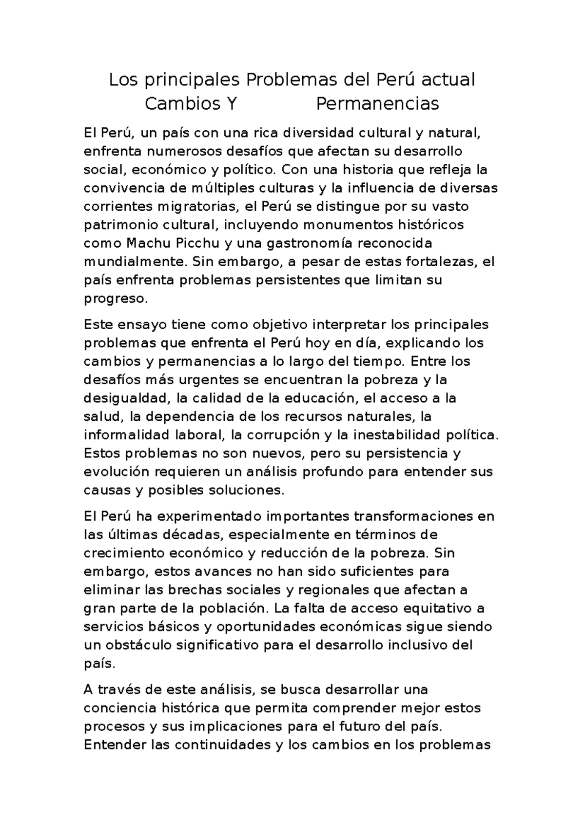 Los principales Problemas del Perú actual Cambios Y Permanencias - Con ...