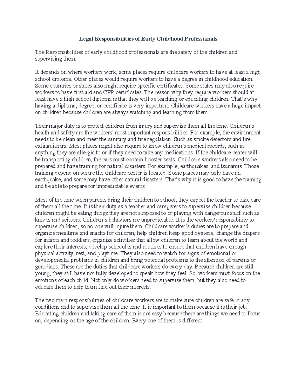 Legal Responsibilities of Early Childhood Professionals - It depends on ...