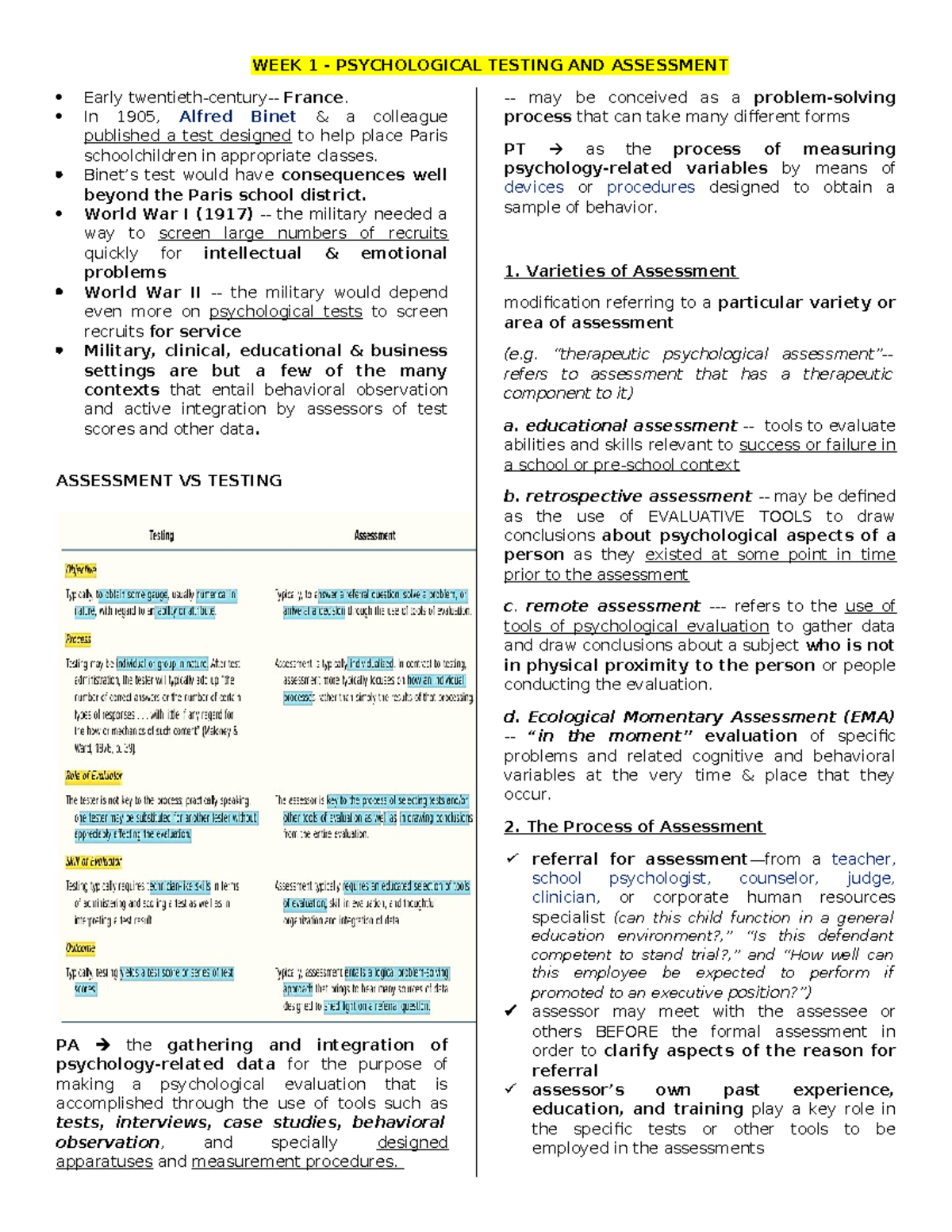 WEEK 1 - lecture lecture - WEEK 1 - PSYCHOLOGICAL TESTING AND ...