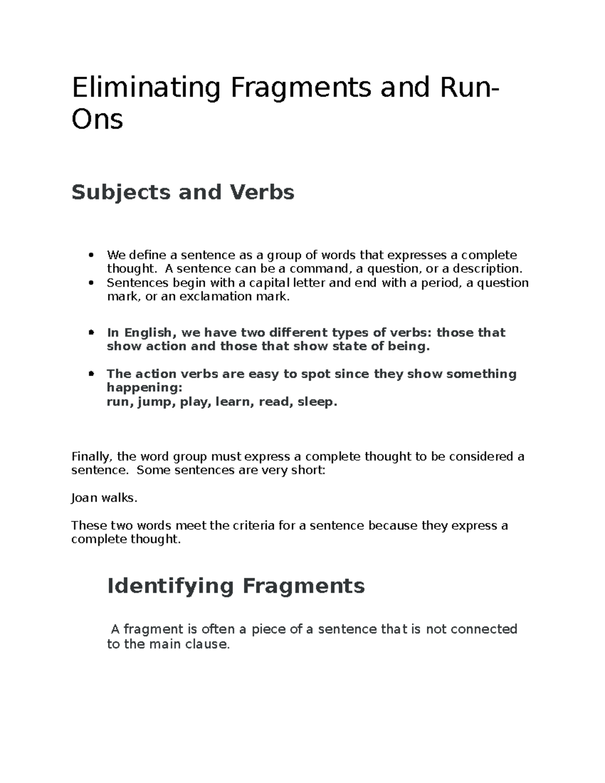 Elimating Fragments and Run Ons - Eliminating Fragments and Run- Ons ...