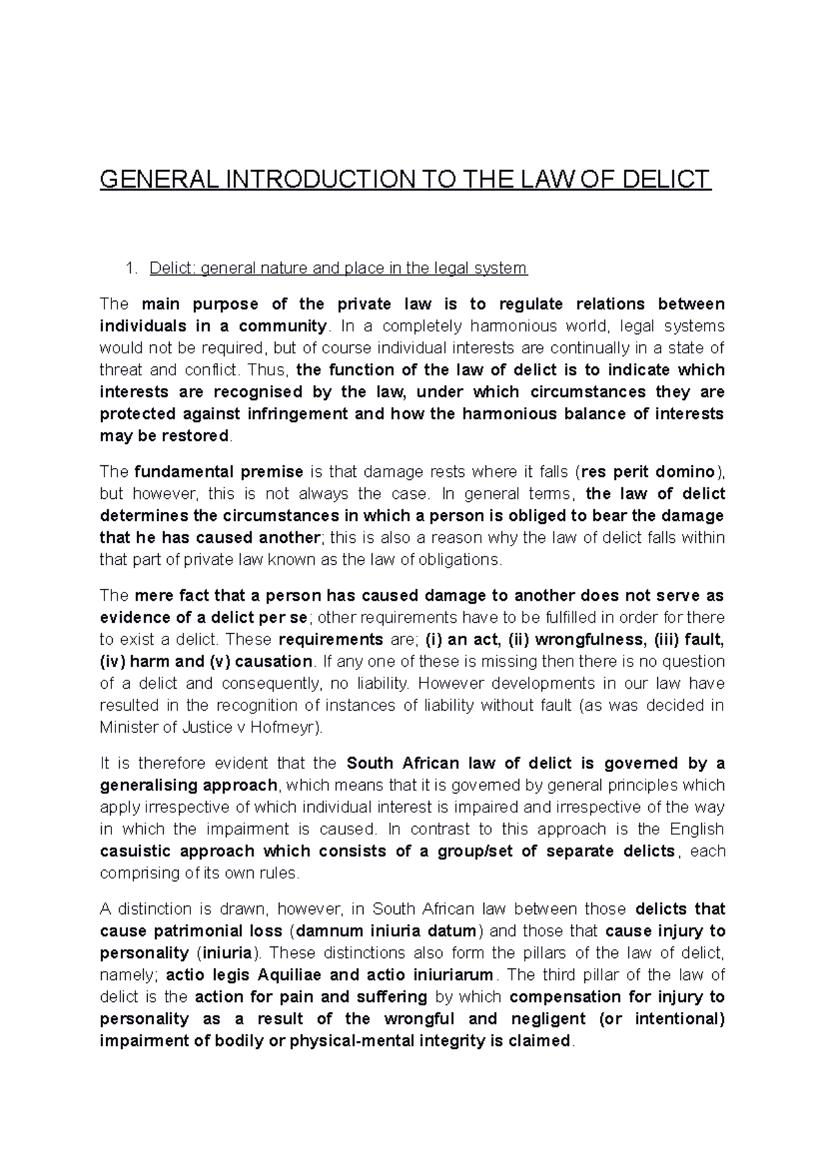 LAW OF Delict ( Introduction) - GENERAL INTRODUCTION TO THE LAW OF ...