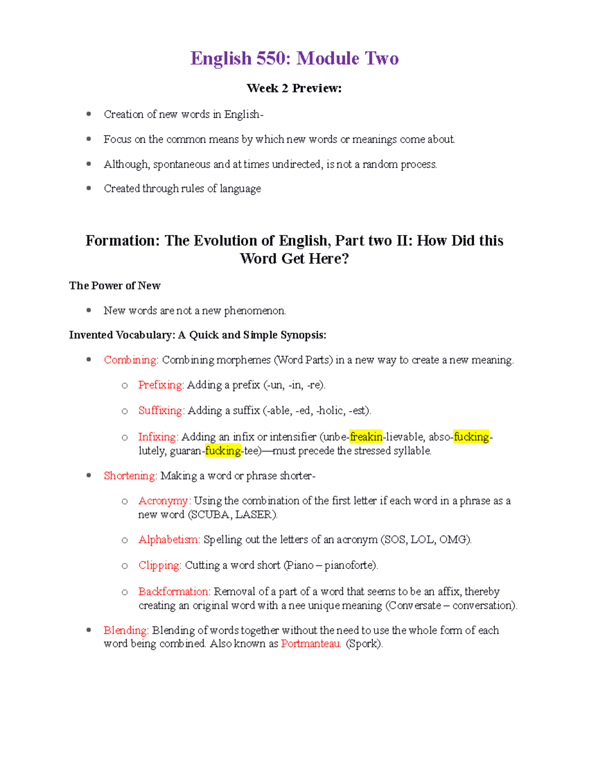 ENG 550 MOD 2 Notes - English 550: Module Two Week 2 Preview: Creation ...