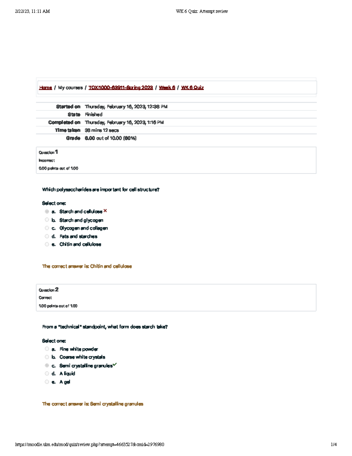 WK 6 Quiz Attempt review - Home / My courses / TOXI1000-63911-Spring 2023 / Week 6 / WK 6 Quiz ...