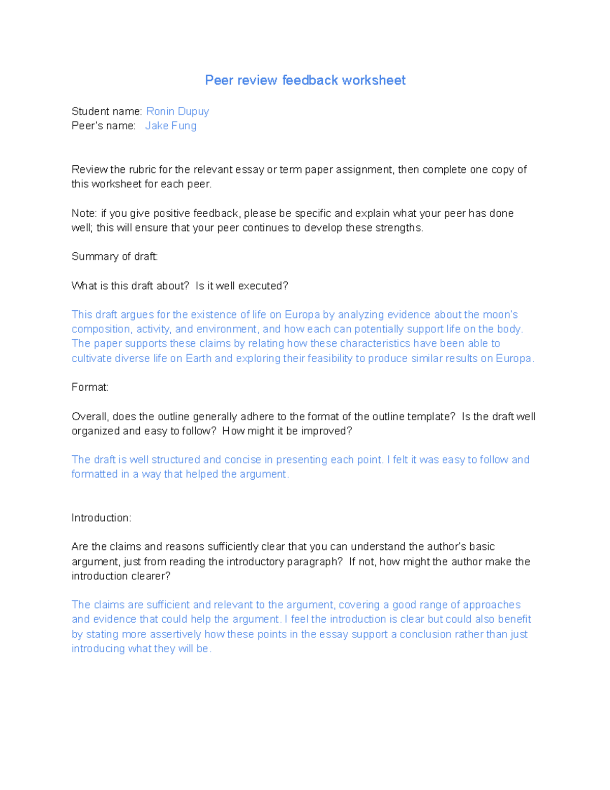 SCIE113 peerfeedback Fung Jake - Peer review feedback worksheet Student ...