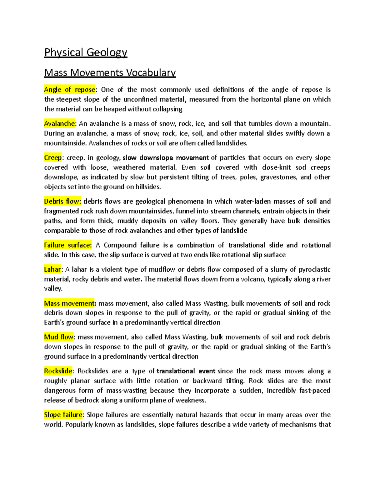Mass Movements Vocabulary PG - Physical Geology Mass Movements ...