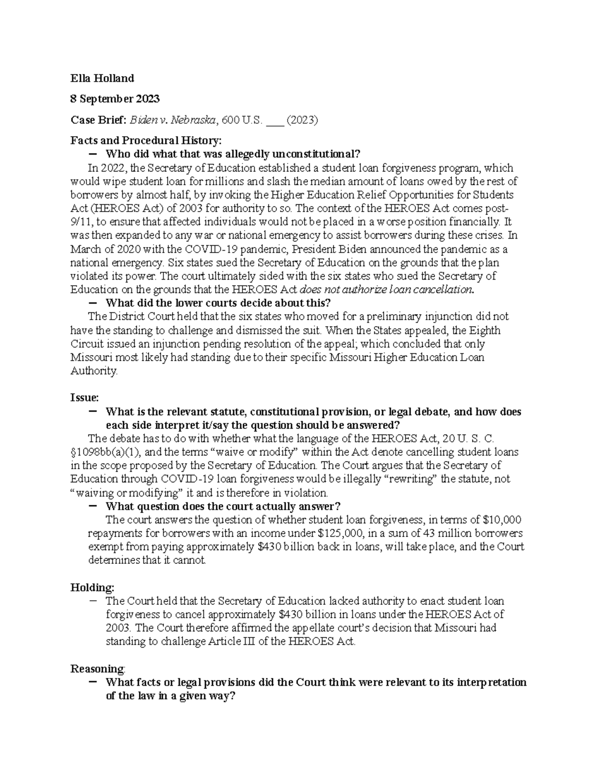 Case Briefing Assignment - Ella Holland 8 September 2023 Case Brief ...