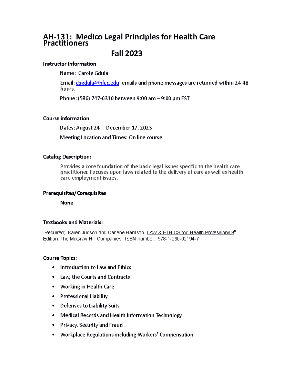Syllabus Fall 2023 - AH-131: Medico Legal Principles for Health Care ...