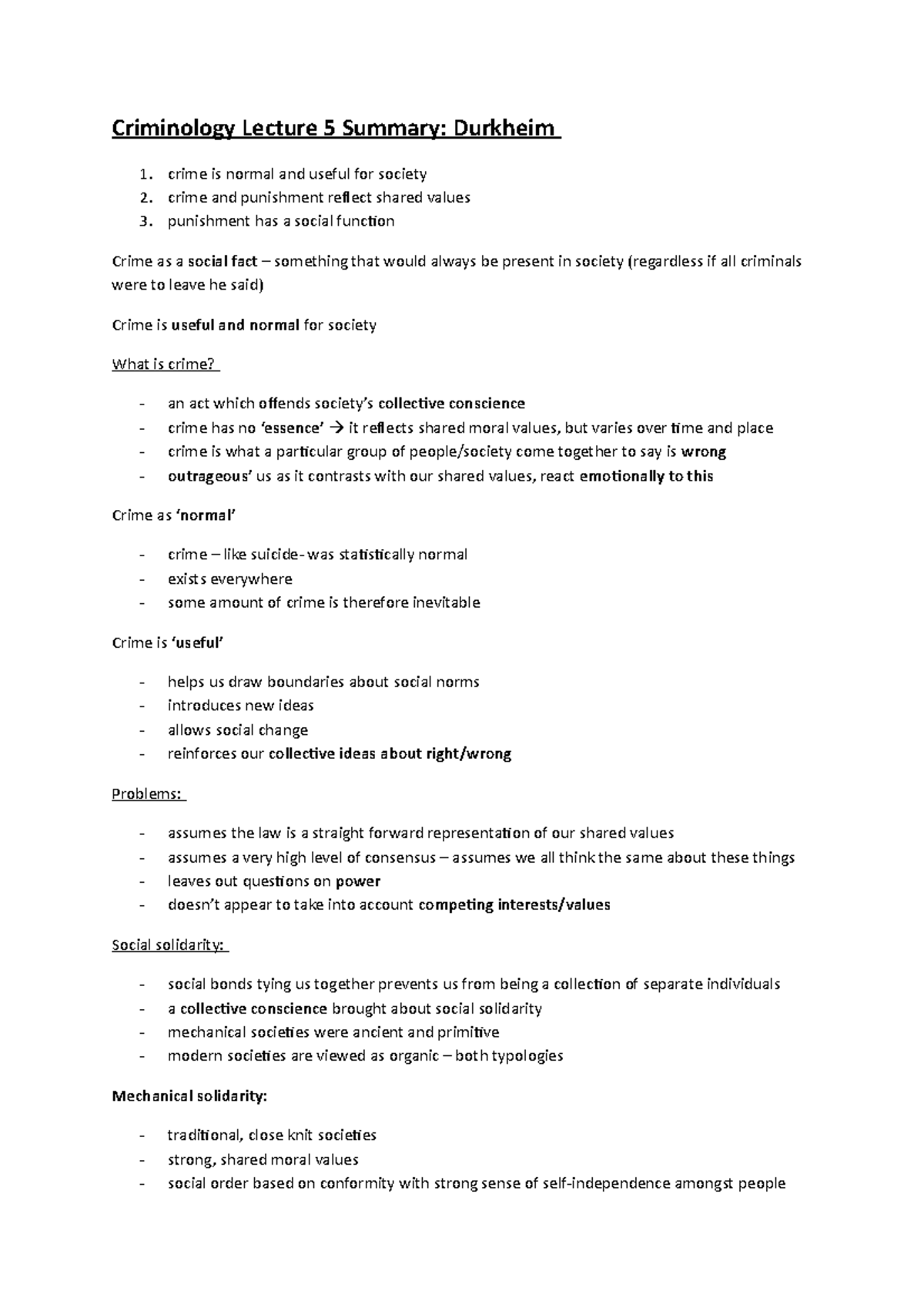 Criminology Lecture 5 Notes - Criminology Lecture 5 Summary: Durkheim 1 ...